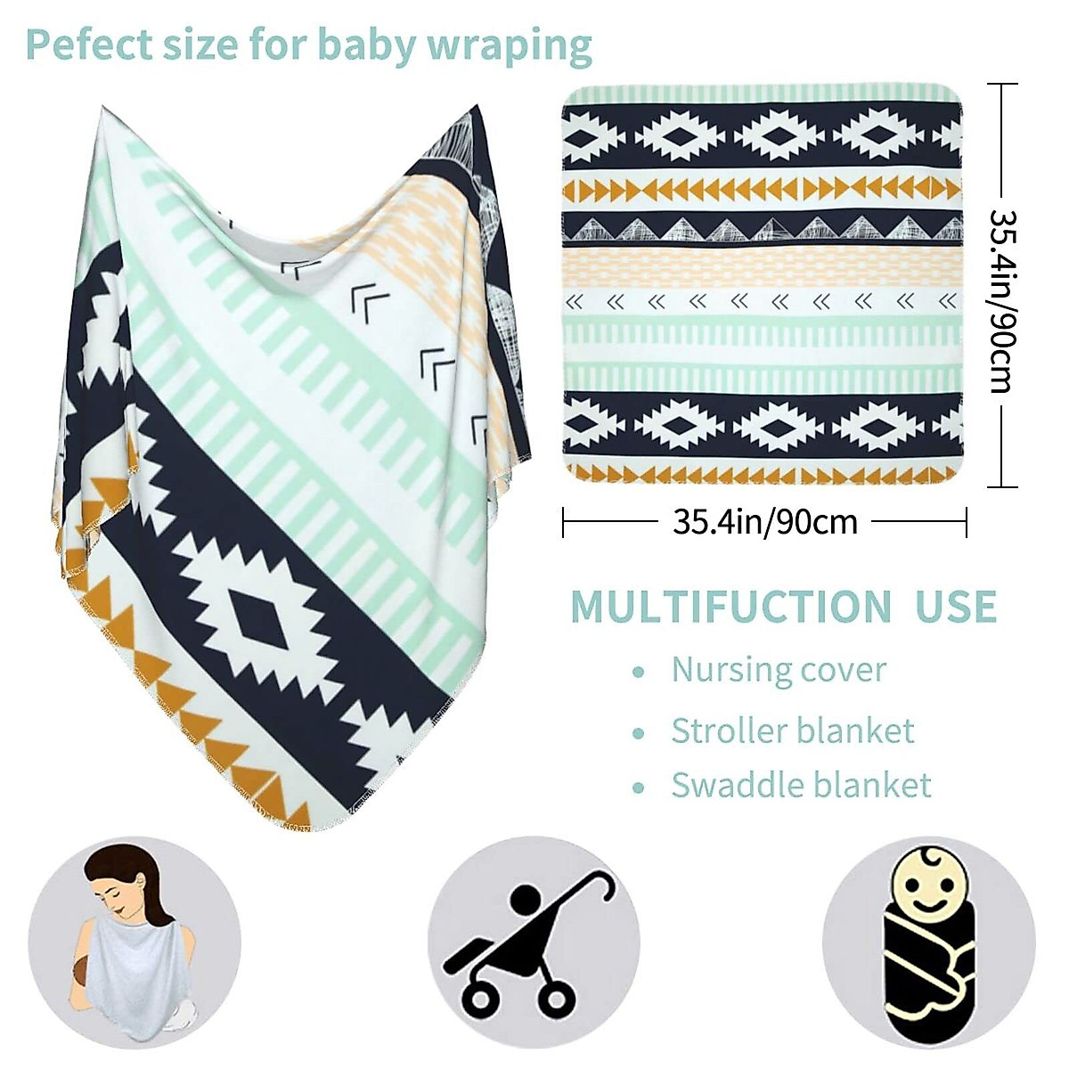 Western Native American Newborn Swaddle Blanket, Soft & Cozy Aztec Receiving Baby Blankets Swaddle Wrap for Boys and Girls
