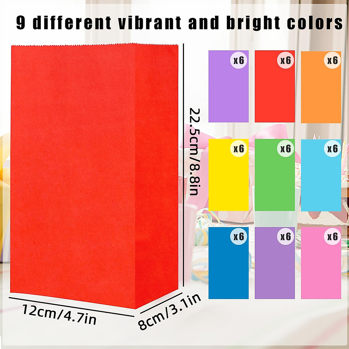 VGOODALL 54PCS Solid Color Paper Bags, Neon Colored Gift Bags Party Favor Treat Bags Goodie Bags for Birthdays Baby Showers Crafts Wedding 9 Assorted Colors