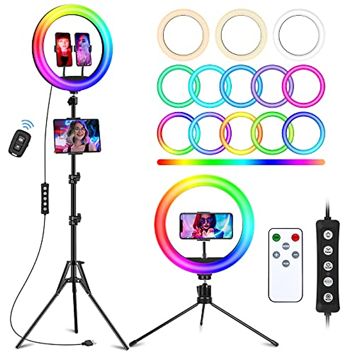 STALLY 12.3" RGB Ring Light with Stand 75 Tall and 2 Phone Holder, Remote Shutter, Tablet iPad Holder, Desk Tripod, Ring Light with 3 CCT Mode & 29 Color Modes for Live Stream/Makeup/YouTube/TikTok