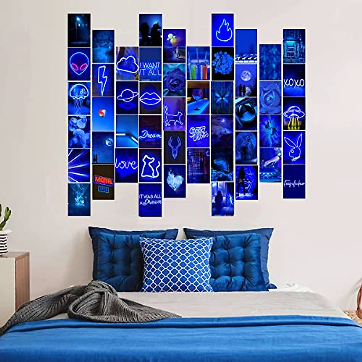 Blue Neon Wall Collage Kit Aesthetic Pictures, 50PCS Room Decor Indie Aesthetic for Teen Girls Boys Bedroom Wall Posters, Mysterious Photo Dorm Decorations, Blue Aesthetic Wall Images with 4x6''