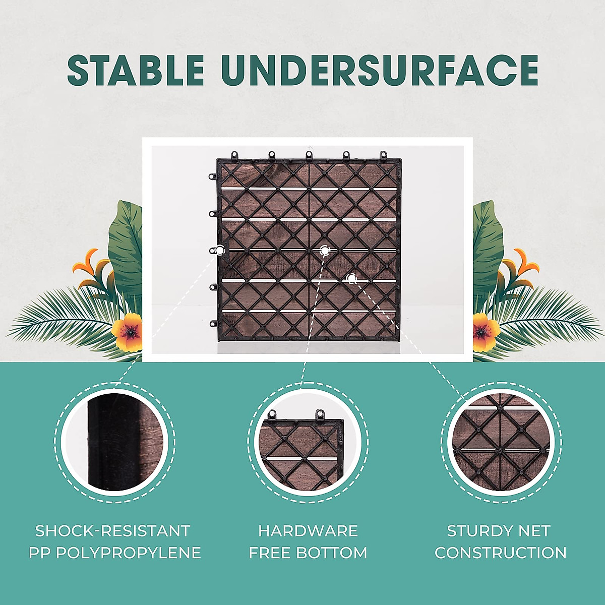 Idzo Interlocking Deck Tiles - 10PCS Waterproof Acacia Wood Patio Tiles, Flooring Tiles for Both Indoor and Outdoor - Decking Stripe Pattern, Dark Brown, 12 x 12 x 0.9 inches