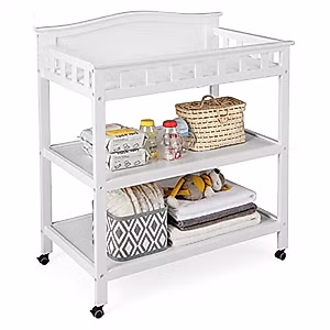 Costzon Baby Changing Table, Infant Diaper Changing Station w/Waterproof Changing Pad, Safety Strap, Storage Shelves, Mobile Nursery Organizer for Newborn, Portable Changing Table with Wheels (White)