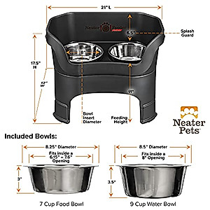 Neater Feeder Deluxe with Leg Extensions for Large Dogs - Mess Proof Pet Feeder with Stainless Steel Food & Water Bowls - Drip Proof, Non-Tip, and Non-Slip - Midnight Black