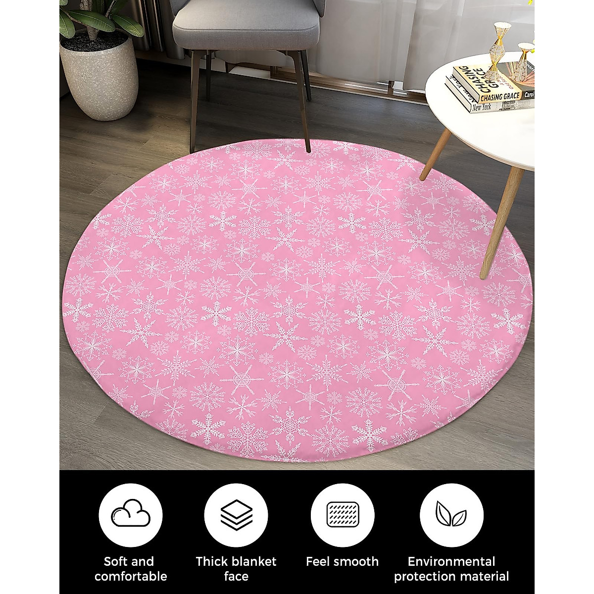 Pink Christmas Fluffy Round Area Rug Carpets 4ft, Plush Shaggy Carpet Soft Circular Rugs, Non-Slip Fuzzy Accent Floor Mat for Living Room Bedroom Nursery Home Decor Winter Fantasy Snowflake