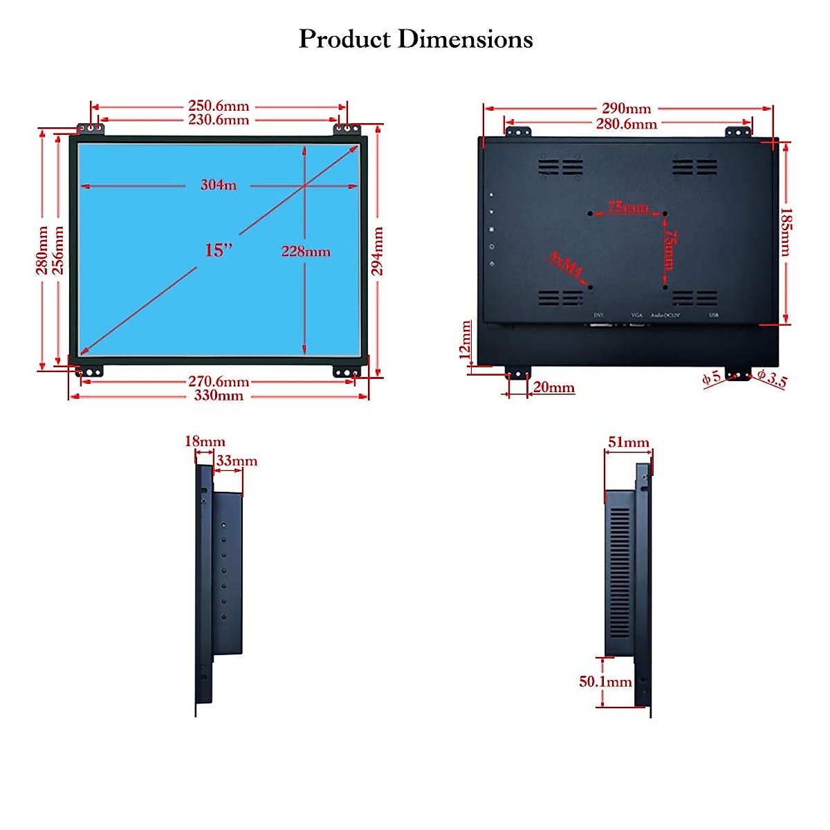 iChawk 15'' inch Display 1024x768 4:3 DVI VGA USB Power On Boot Metal Shell Embedded Open Frame Driver Free Ten-Point Capacitive Touch LCD Screen PC Monitor with Quick Easy Installation K150MT-DC