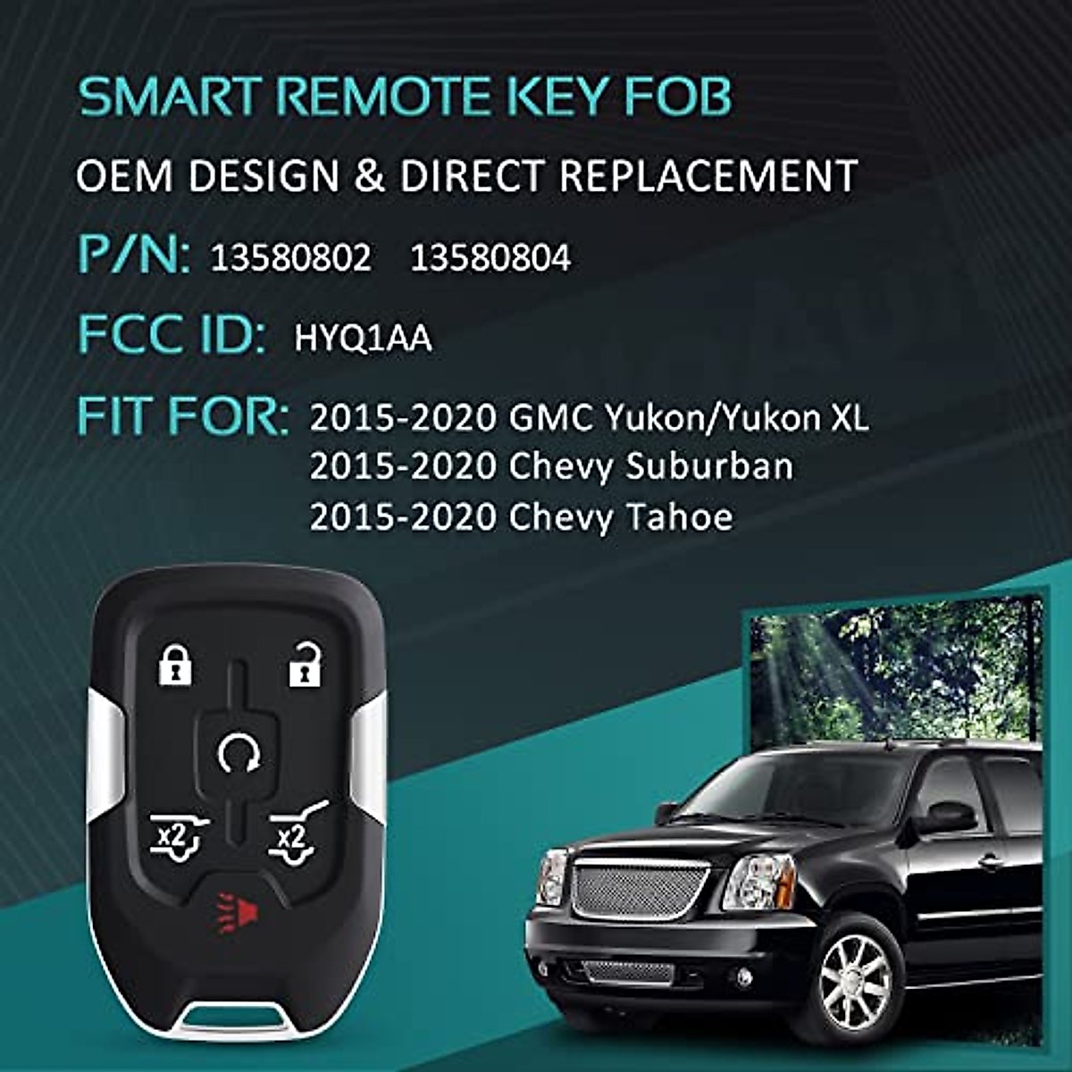 HelloAuto Key Fob for GMC Yukon/Yukon XL,Chevy Tahoe Suburban Key Remote 2015-2020 Self-Programmed Keyless Entry Smart Key Fob Cover (HYQ1AA) 6-Buttons