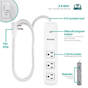 Philips Surge Protector Power Strip, 3 Outlet Surge Protector, 4 Ft Braided Cord Power Strip, Smart Power Strip Surge Protector, 3-Prong Flat Plug Power Strip, Surge Protector Outlet, White, SPC9034WB
