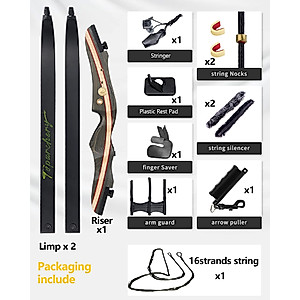 TOPARCHERY Recurve Bow for Adult & Youth Beginner, 62" Wooden Takedown Recurve Hunting Bow for Outdoor Training Practice Right Handed 40lbs