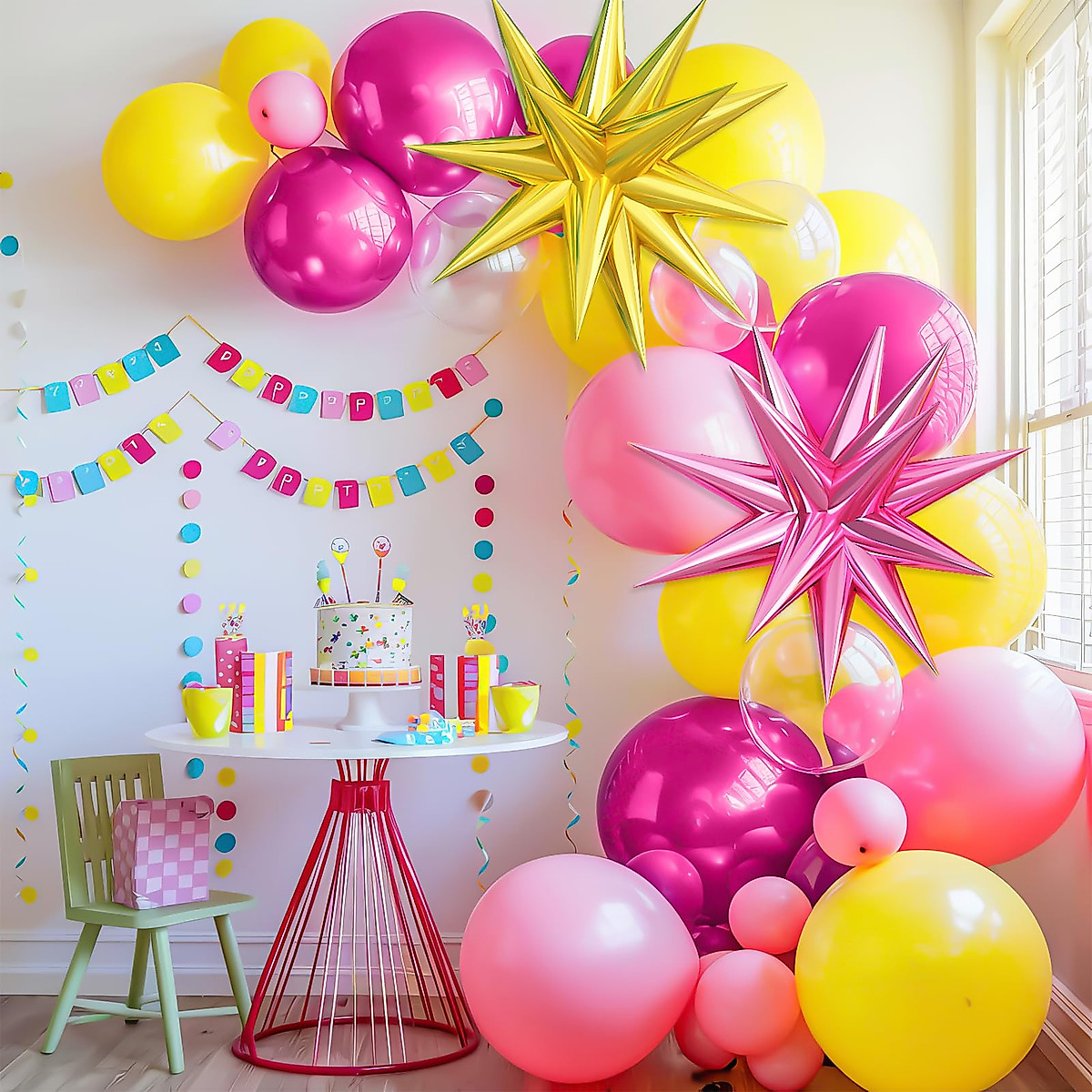 Hot Pink Yellow Balloon Arch Kit, Yellow Pink Clear Balloon Garland Kit with Large Pink Gold Star Foil Balloons, for Baby Shower Butterfly Fiesta Princess Birthday Wedding Bridal Party Decorations