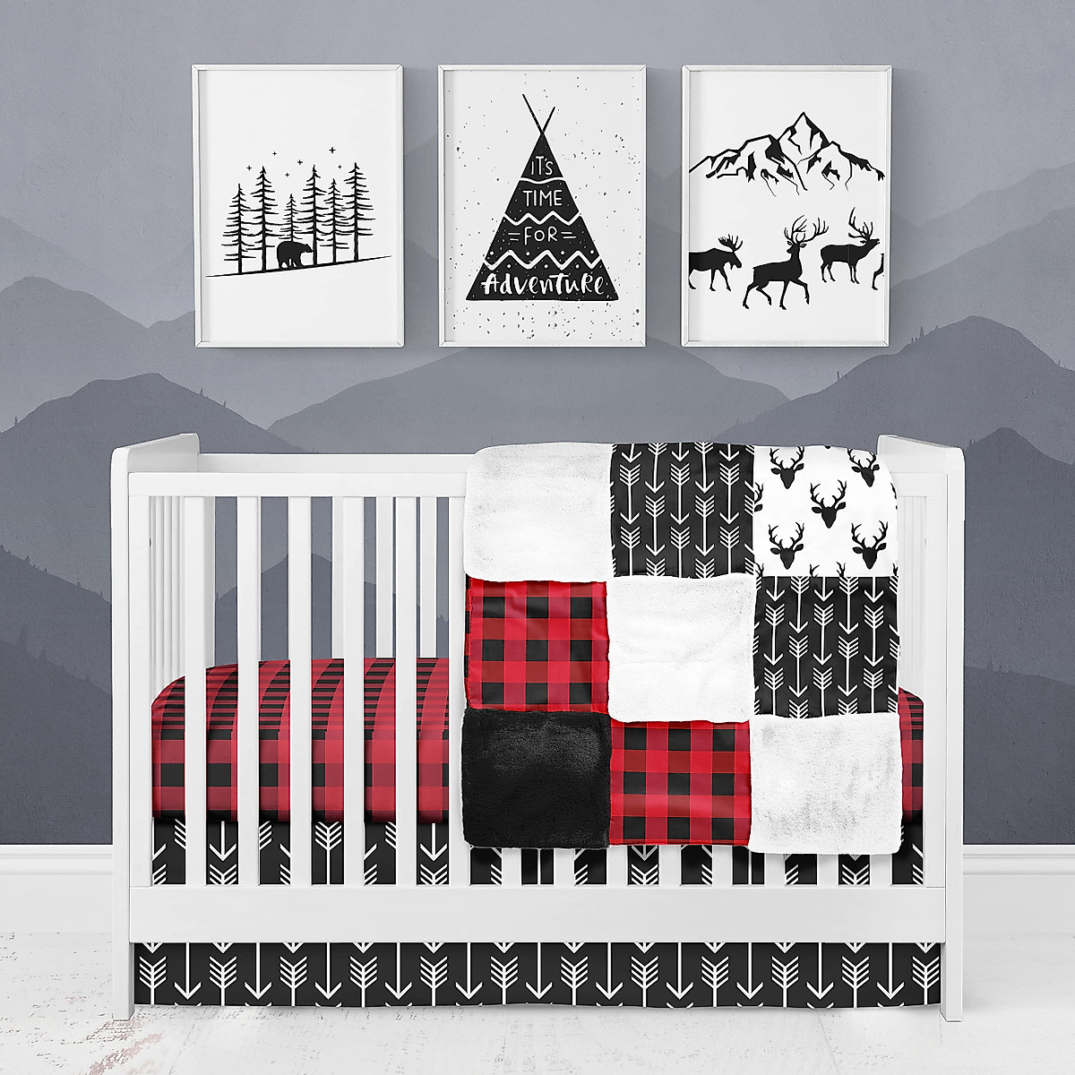 JLIKA Crib Bedding Sets for Boys - 3 Piece Woodland Set for Baby boy Rustic Nursery Decor | Quilt Blanket, Crib Sheet, Skirt - Deer Antler, Arrow Buffalo Plaid (Woodland Deer) (Red Buffalo Plaid)