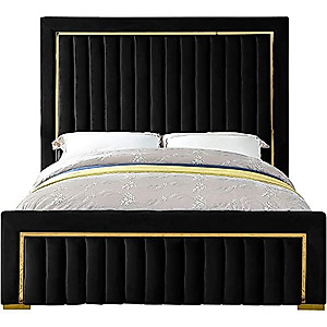 Meridian Furniture Dolce Collection Modern | Contemporary Velvet Upholstered Bed with Luxurious Channel Tufting and Gold Metal Trim/Legs, King, Black