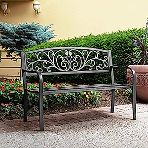 Patio Park Garden Bench, 50" Outdoor Bench Metal Bench with Powder Coated Iron Metal Frame & Floral Ivy Design Backrest, 400lbs Sturdy Steel Frame Furniture for Yard Porch Entryway Lawn Decor Deck