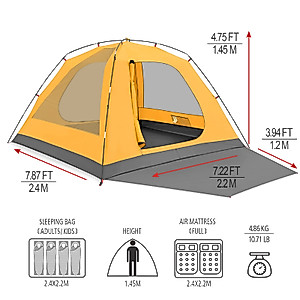KAZOO 4 Person Camping Tent Outdoor Waterproof Family Large Tents 4 People Easy Setup Tent with Porch Double Layer