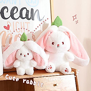 REYBEYOLA Easter Bunny Stuffed Animal Cute Rabbit Plushie Hide-and-Seek Bunny Carrot Strawberry Bunny Pillow Plush Toy for Boys Girls (Pink, 9.84 inch)