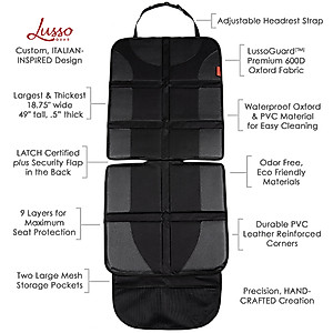 Lusso Gear Car Seat Protector (Black) + Two Pack of Heavy Duty Kick Mats (Black), Waterproof, Protects Fabric or Leather Seats, Premium Oxford Fabric, Travel Essentials