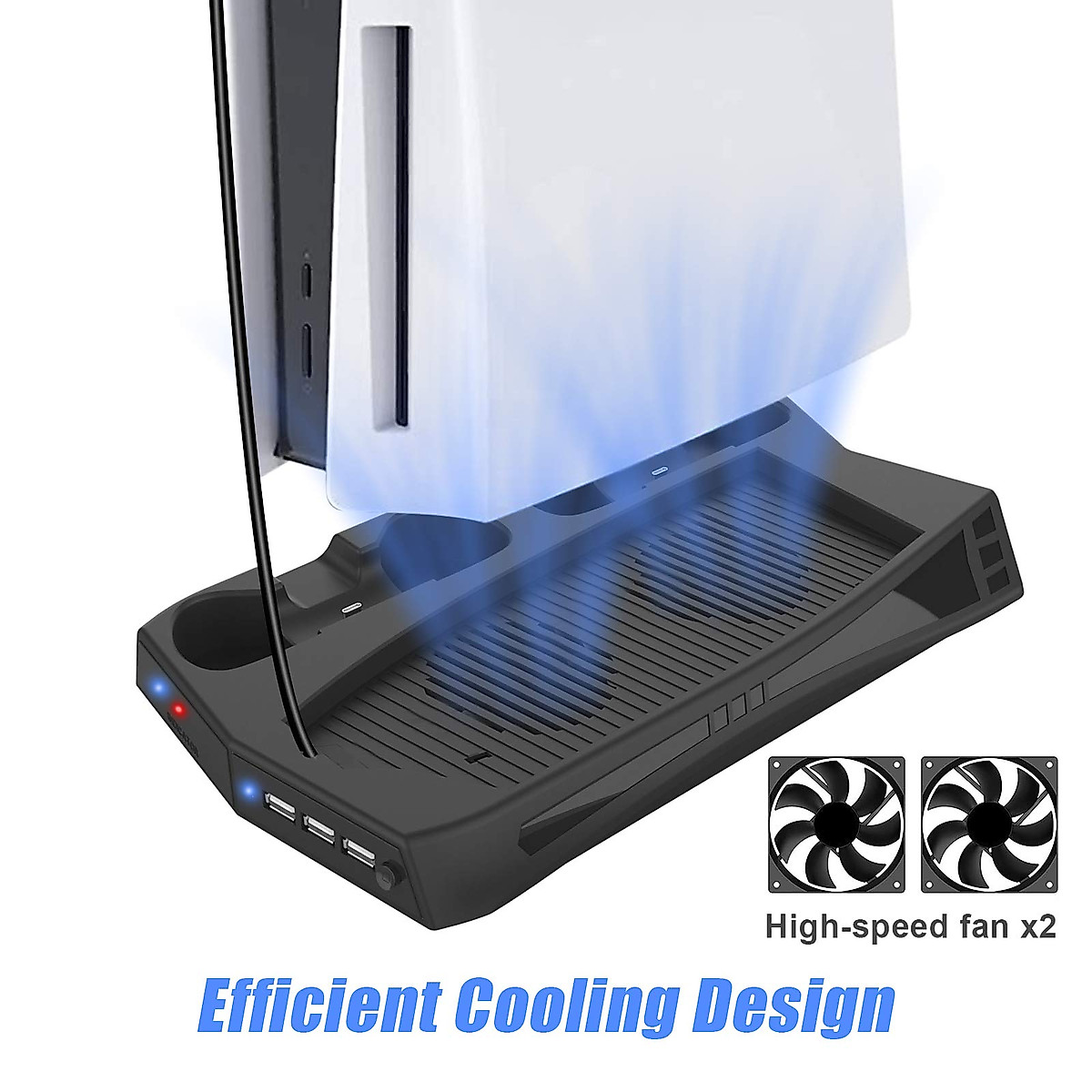 PS5 Controller Charger Vertical Charging Stand for Playstation 5, Dual Cooling Fan Charging Station Dock with 3 USB Ports for Dual Controllers ( Indicator Included)