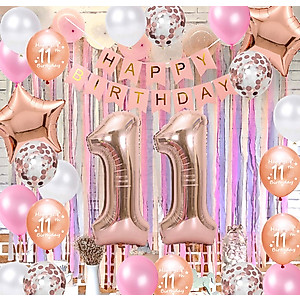 11th Birthday Party Balloons Decorations for Girls, 11th Birthday Banner Rose Gold Number 11 Birthday Foil Balloons Confetti Balloons for Girls Her Daughter 11 Year Old Birthday Supplies (11th)