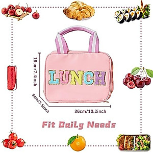 Janhavi Cute Insulated Lunch Bag for Women Personalized Preppy Kids Lunch Box for Girls Reusable Nylon Cooler Bag Lunch Tote Bag with Chenille Letter for School Beach Picnic Travel -LUNCH