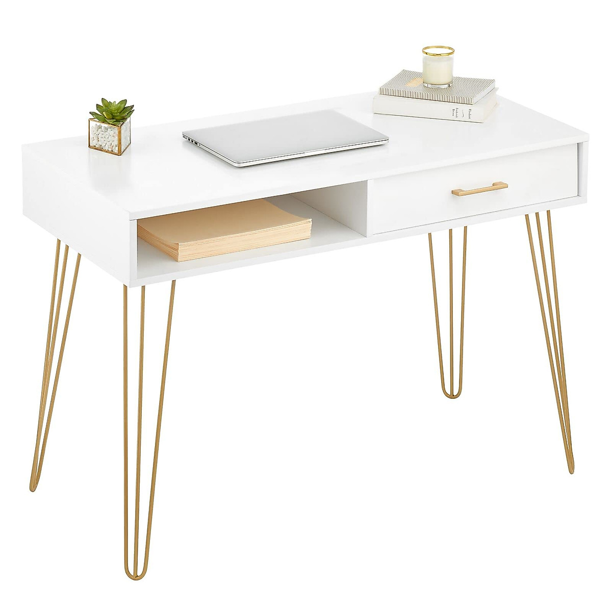 mDesign Metal/Wood Modern Computer Desk - Minimalist Desk and Computer Table with Drawer - Simple Desk with Storage Cubby and Hairpin Legs - Small Work Desk for Home Office, Study - White/Soft Brass