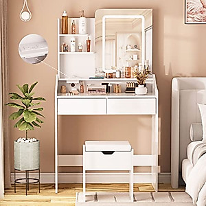 Vabches Vanity Desk with LED Light Mirror and Charging Station, Small Cute Vanity Set with 4 Storage Shelves 2 Drawers, Vanity for Girls Women with Storage Stool, Vanity Table for Bedroom (White)