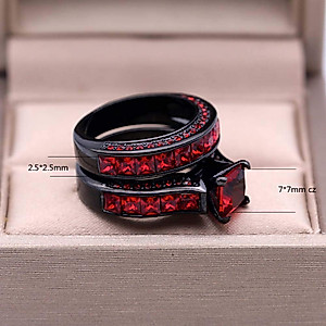 Black Gold Plated Womens Wedding Ring Sets Bridal Sets Princess cut Red Cz Engagement Ring Wedding Bands