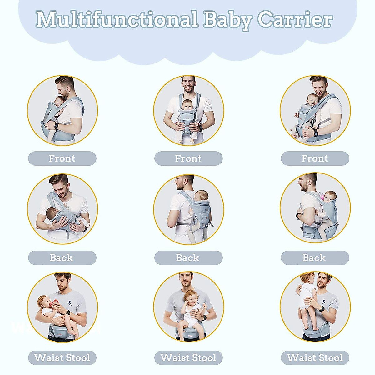 FRUITEAM 6-in-1 Baby Carrier with Waist Stool/Hip Seat for Breastfeeding, One Size Fits All - Adapt to Newborn, Infant & Toddler (Blue)