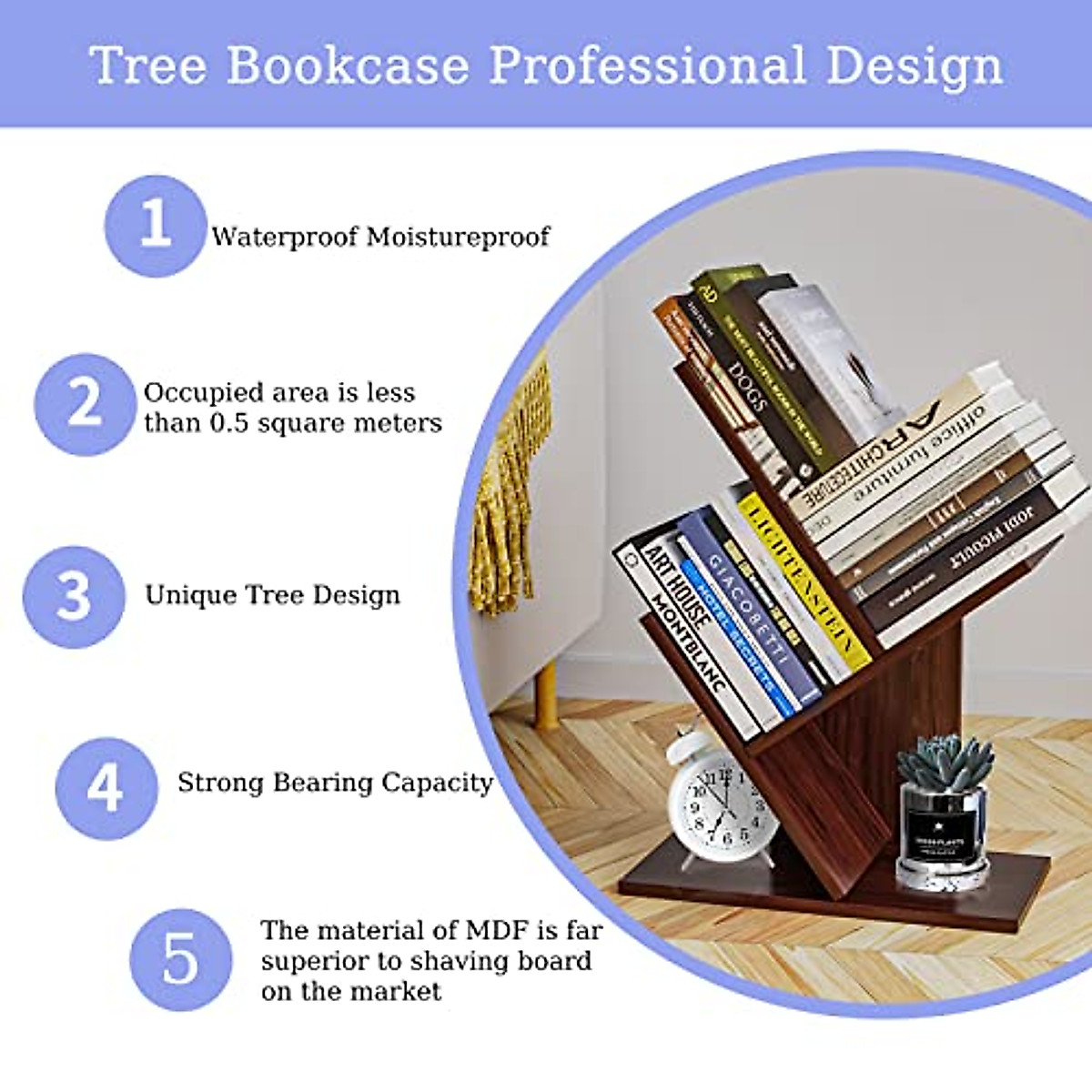 R RUISHENG Wood Tree Bookshelf, 3 Shelves Display Bookcase for Books/Magazines/CDs, Desk Standing Book Shelves Organizer for Office, Bedroom, Living Room