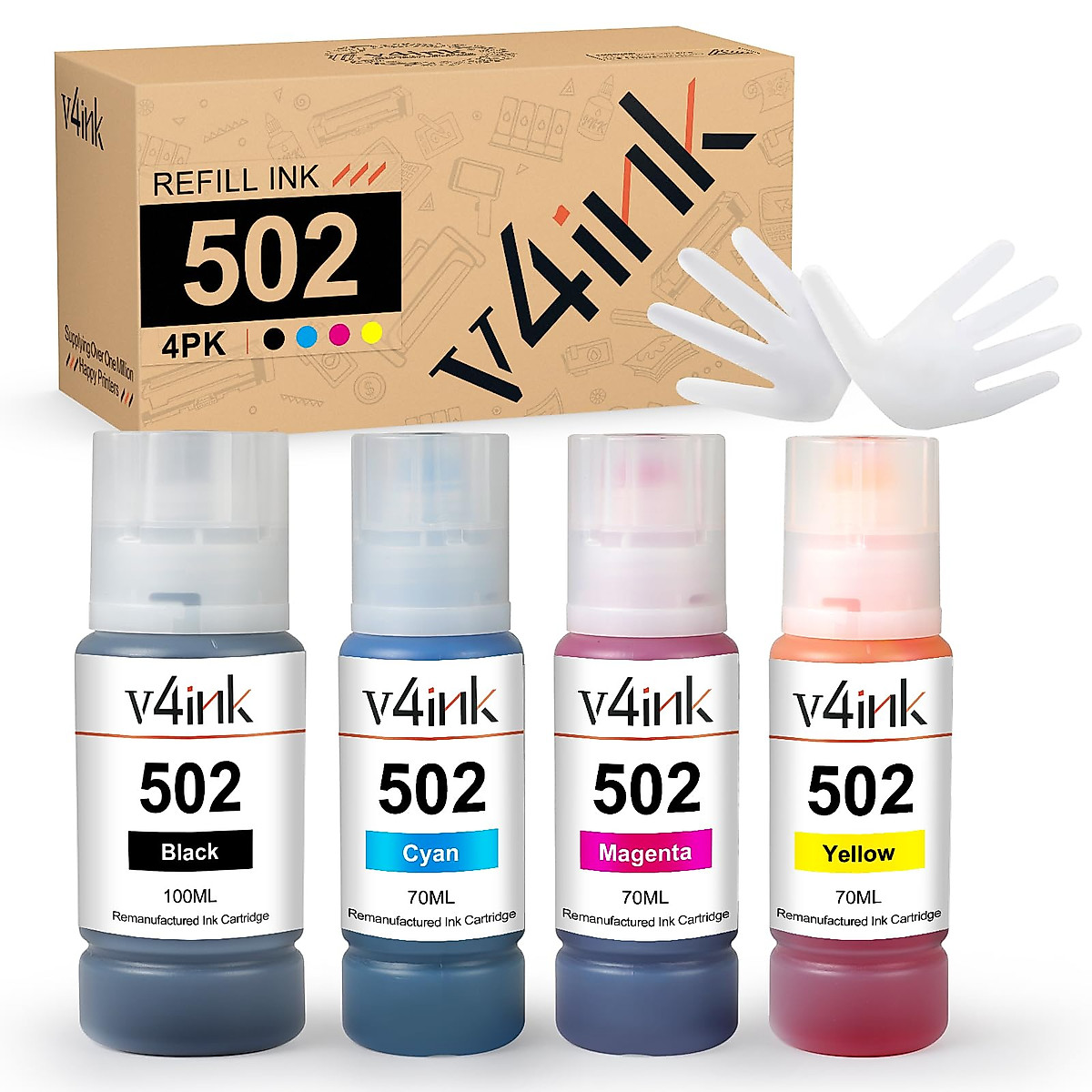 v4ink Compatible T502 Refill Ink Bottle Replacement for 502 T502 to use with Expression Ecotank ET-2700 ET-2760 ET-3710 ET-4750 ET-7700 ET-15000 ST-2000 ET-M1180 ET-M2120 L3060 L3156-4 Packs