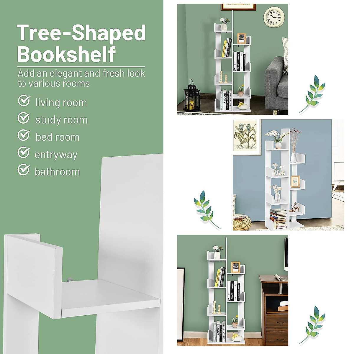 Giantex Wooden Bookcase, Tree-Shaped Modern Display Bookshelf w/ 8 Storage Shelves, Anti-Toppling, 8 Tier Freestanding Decorative Storage Organizer Shelves for CDs Movies Books Plant, White