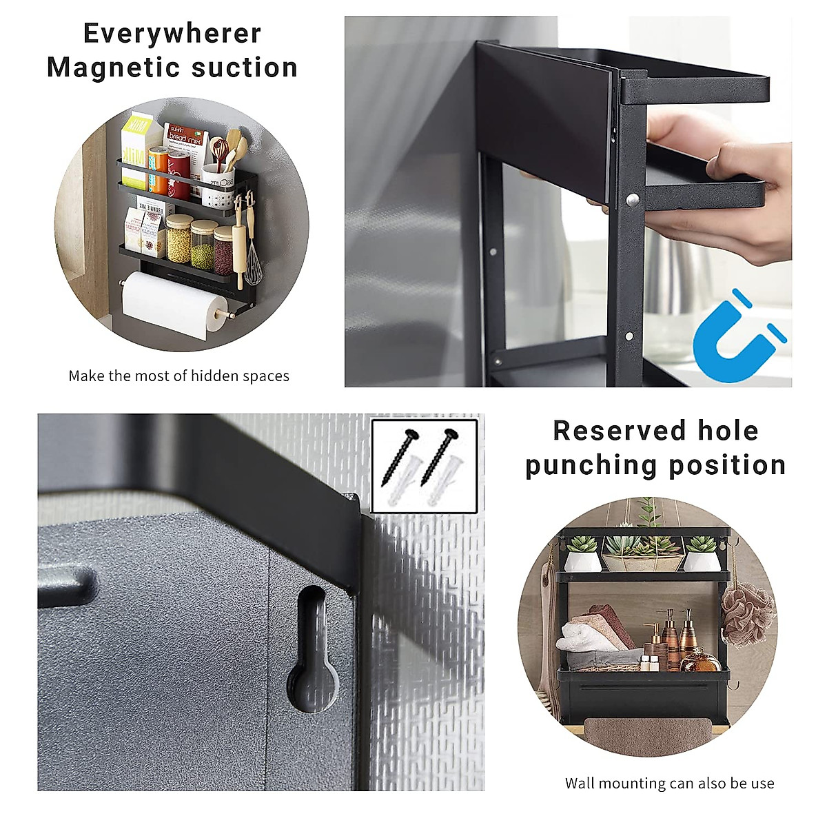 Dr.BeTree Magnetic Shelf, Magnetic Spice Rack for Refrigerator No Drilling Magnetic Or Wall Mount Screws Spice Rack Organizer 2 Tier Kitchen Refrigerator Storage Rack-Black