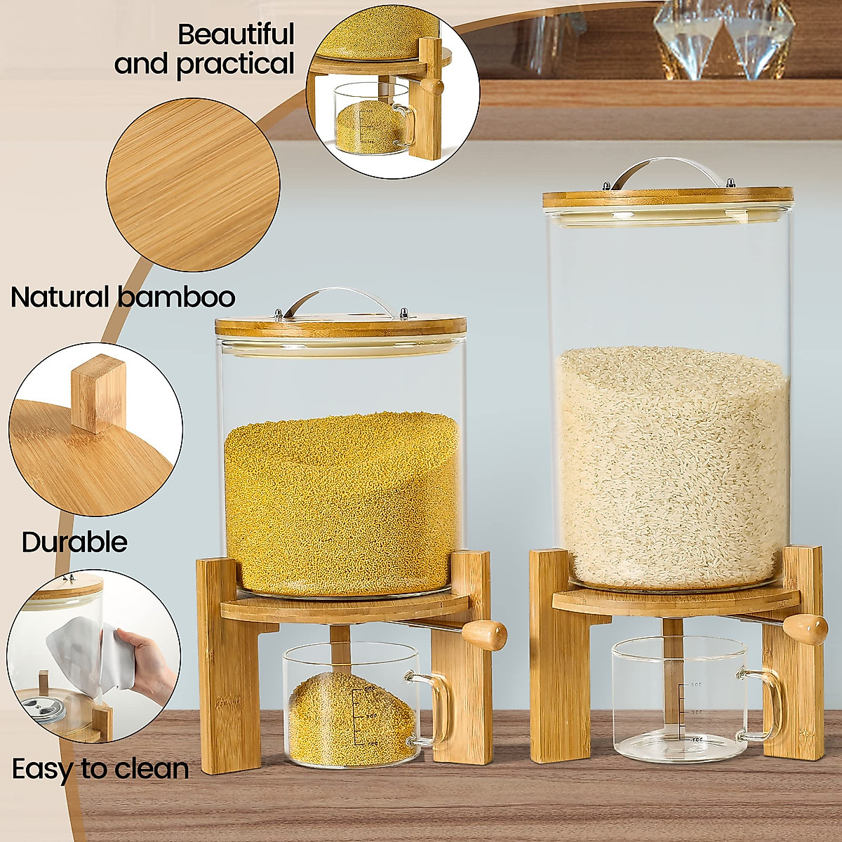 Vuinop Rice Dispenser, Rice Storage Container：Flour and Cereal Container with Airtight Lid and Wooden Stand, Glass Food Storge Container for Kitchen Organization and Pantry Store (8L)