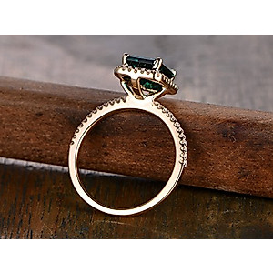 Emerald Engagement Ring,14K Yellow Gold,May Birthstone,6x8mm Emerald Cut Green Gems,Halo,Ball Prong Set