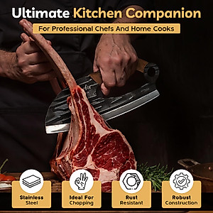 KLOOBIE Premium Hammered Stainless Steel 8.23" Meat Cleaver with Ergonomic Wooden Handle and Finger Hole for Enhanced Control – Versatile Kitchen Knife for Chopping, Slicing, & Dicing - Light Brown