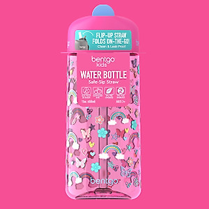 Bentgo Kids Water Bottle - Leak-Proof, Durable Tritan, BPA-Free 15 oz. Cup for Kids/Toddlers Ages 3+, Safe Sip Spout, Carrying Handle, & Dishwasher Safe for School & Sports (Rainbows & Butterflies)
