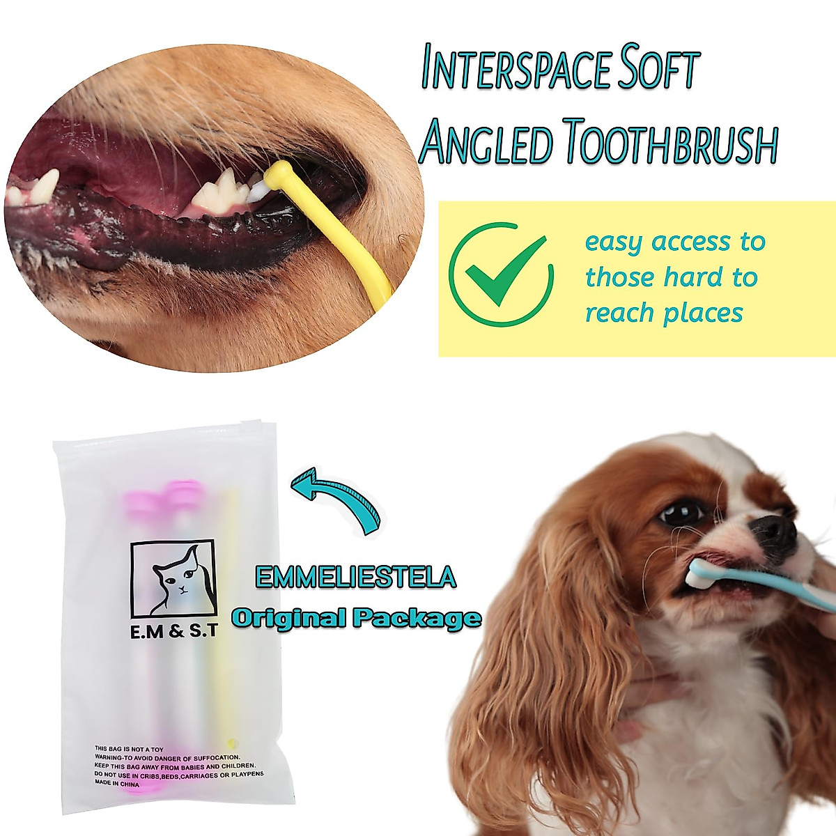 E.M&S.T by Emmeliestella Small Dog & Cat Toothbrush Micro Head, Cat Dental Care, Pets Toothbrush, Oral Hygiene, Easy to Handle, Deep Clean, Extra Soft Bristles, Independent Packaging, Blue&Pink 3PCS