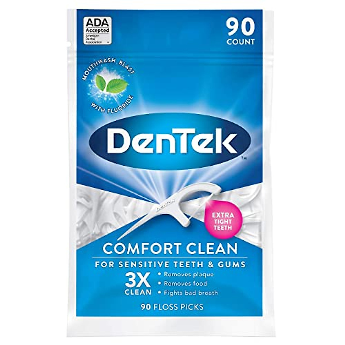 DenTek Comfort Clean Floss Picks for Sensitive Teeth, Soft and Silky Ribbon, 90 Count Each (Pack of 2)