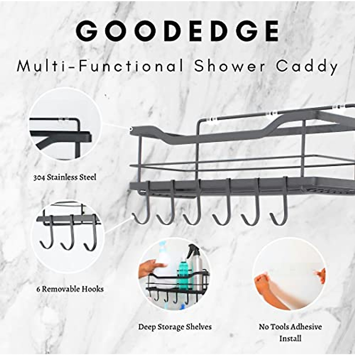 Goodedge Black Shower Caddy [with 2 extra Adhesives, No Drilling]: A Perfect Stainless Steel Shower Basket As Your Bathroom Organizer, Kitchen Organizer and Shower Caddy Shelf