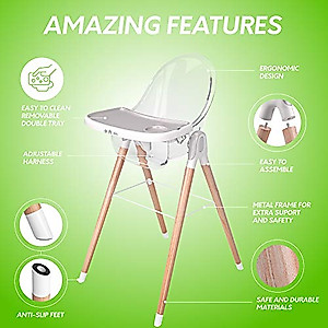 Children of Design 6 in 1 Deluxe Wooden High Chair for Babies & Toddlers, Modern Safe & Compact Baby Highchair, Easy to Clean, Removable Tray, Easy to Assemble, 6 Options 3 Seat Positions 2 Heights
