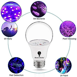 Bluex Bulbs 2 Pack LED Black Light Bulb, 9W A19 E26 Blacklight Bulb Level 385-400nm, Body Paint, Glow in The Dark LED Light Bulb Neon Glow Fluorescent Poster Black Bulb (2 Pack)