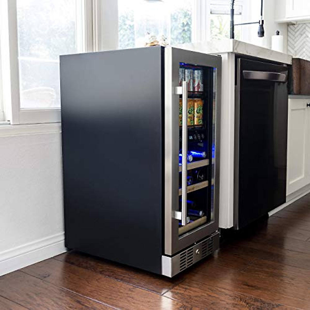 NewAir 15” Wine, Beer, Beverage Refrigerator Cooler | 9 Bottle, 48 Can Capacity | Stainless Steel Built-in or Freestanding Dual Zone Drink Fridge |Triple-Pane Glass Door, Digital Temperature Control