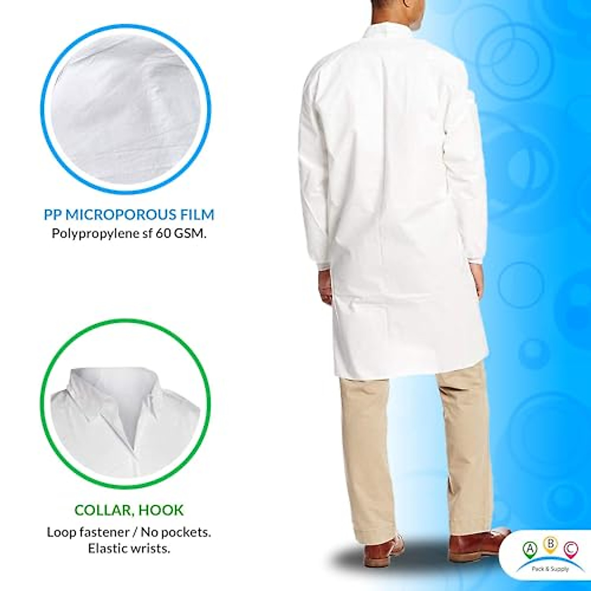 AMZ Supply White Disposable Lab Coats for Adults, Medium. Pack of 10 Microporous Polypropylene 60 GSM Coats Medical. Adult Lab Coat with Hook & Loop, Elastic Wrists, No Pockets