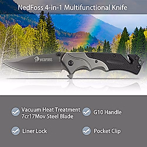 NEDFOSS Pocket Knife for Men, 4-in-1 Multitool Folding Knife with Glass Breaker, Seat Belt Cutter, Bottle Opener, Survival Knife for Emergency Rescue Situations, Home Improvements (FA49)