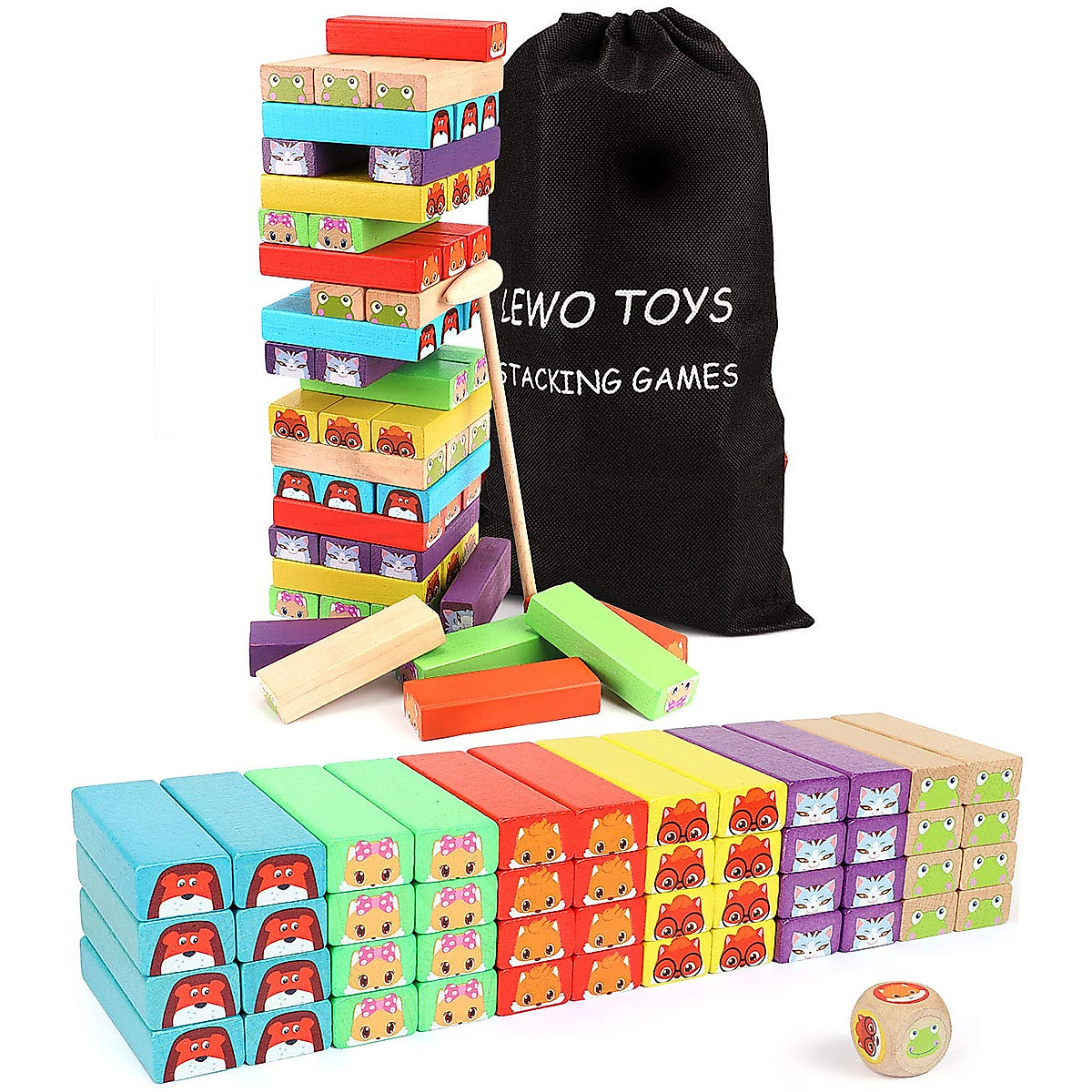 Lewo Colored Stacking Game Wooden Building BlocksTower Board Games for Kids Adults 54 Pieces (Colorful Stacking Gane)