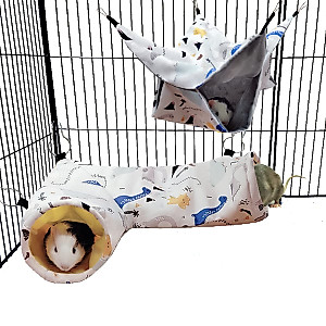 Guinea Pig Rat Corner Tunnel & Tubes Bunkbed Hammock, Guinea Pig Hideout for Small Pet Hedgehog Piggy Hamster Hide(1. Hammock&Tunnel-Dinosaur)