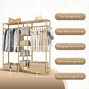 Athena Collection 59" Bamboo Garment Rack Multi Tier Clothes Rack Storage Shelves with Side Hook & Pants Rack, Heavy Duty Clothing Hanging Rack Freestanding Indoor Wardrobe Closet Organizer, Natural