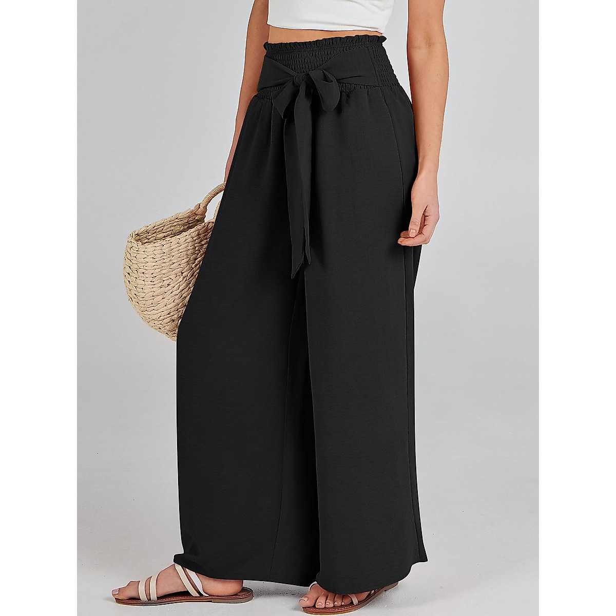 Caracilia Womens Summer Fall High Waisted Flowy Work Casual Boho Palazzo Pants Wide Leg Long Lounge Pant Trousers with Pocket Business Office Elastic Waist A1206heise-XL Black,X-Large