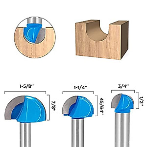 TOOLDO Router Bits ，3pcs Core Box Router Bit Set,Diameter 3/4", 1-1/4", 1-5/8" Round Nose Bit Set,1/2" Shank Router Bit Set，for DIY, Woodworking Project