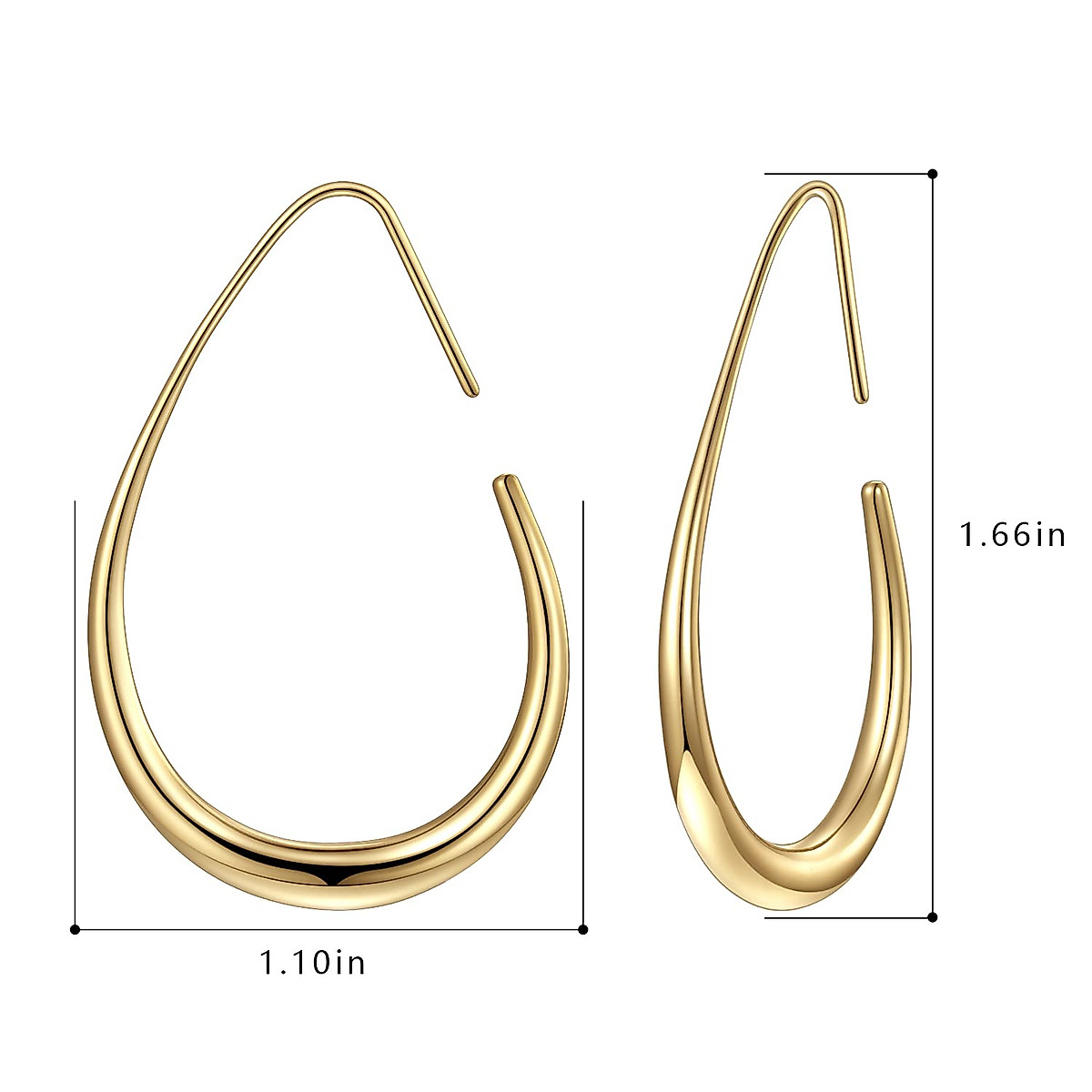 Lightweight Teardrop Hoop Earrings for Women - 14k Gold/White Gold Plated Large Oval Pull Through Hoop Earrings High Polished Statement Jewelry Gift for Women Teen Girls