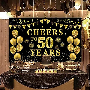 Trgowaul 50th Birthday/Anniversary/Wedding Decorations for Women Men, Cheers to 50 Years Banner, Black and Gold 50th Birthday Backdrop, 50 Bday Decorations Party Banner Photography Supplies Background