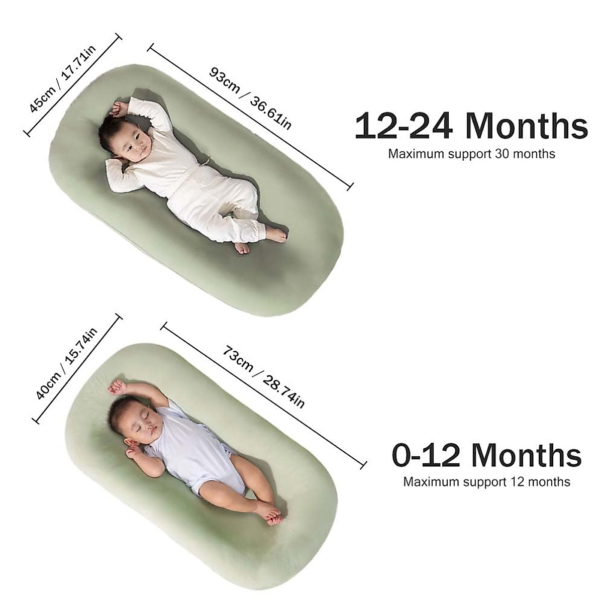 Saanerueen Baby Lounger for Newborn 0-24 Months, Infant Nest Sleeping for Baby in Bed, Soft Breathable Washable Newborn Lounger for Baby (Green,0-12 Months)